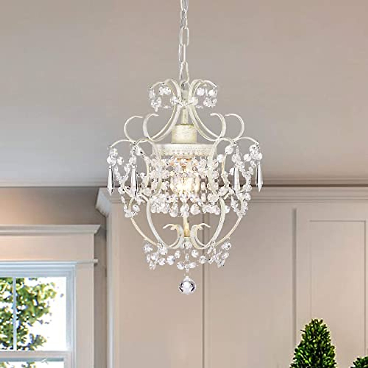 Small Crystal Chandelier for Bedroom, 90% Pre-Assembled 1 Light White Chandelier, Mini Acrylic Crystal Ceiling Light Fixture Charming for Girls Room, Closet, Bathroom, Entryway, Dining Room