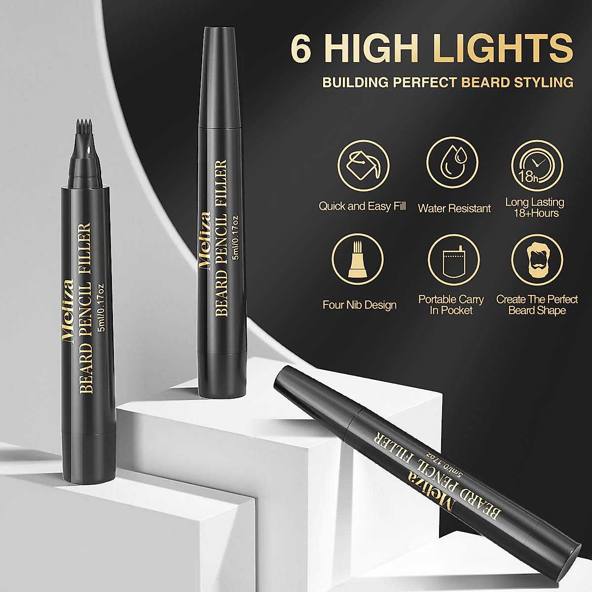 Beard Pencil Filler,Meliza Beard Pen,Waterproof Proof & Sweat Proof,Beard Pencil Filler for Men Long Lasting Coverage Natural Finish Beard Pencil (Black)