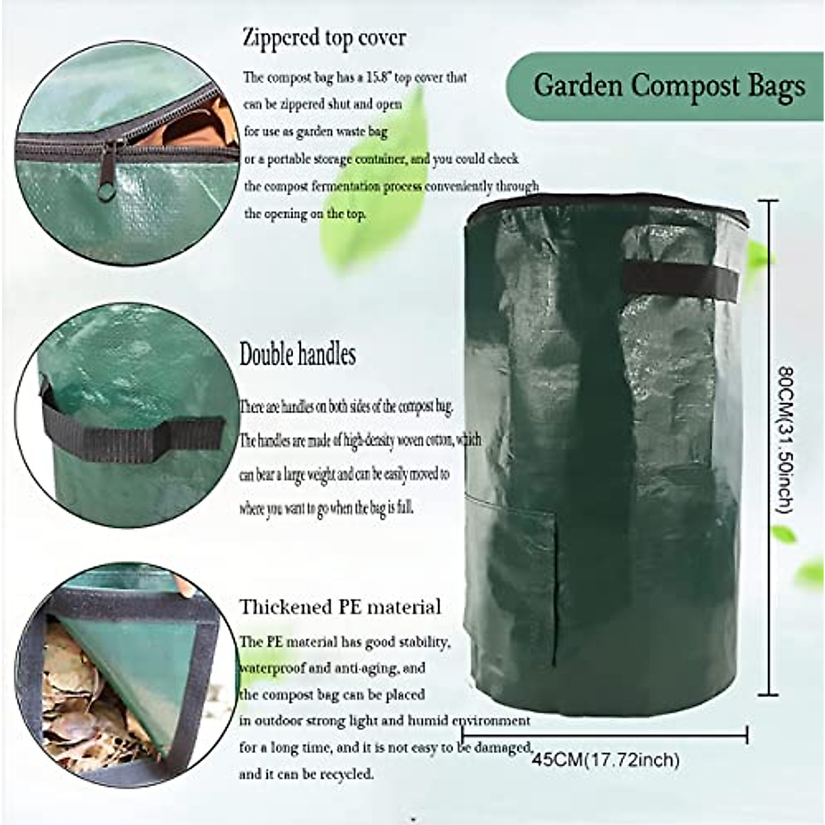 Garden Compost Bag, Outdoor Compost, Reusable Garden Waste Bag with Lid, Collapsible Leaf Lawn Bags (2 Pack 15 Gallon/34 Gallon Multifunction Gardening Container) Green