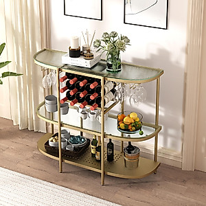 O&K FURNITURE Industrial Wine Rack Table with Glasses Holder, Liquor Bar Cabinet with Wine Storage, Freestanding Floor Wine Cabinet for for Bar, Buffet, Living Room
