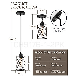 Osimir Industrial Pendant Light, 2 Pack Mini Glass Pendant Light for Kitchen, Cage Pendant Lighting in Black Finish with Clear Glass, Adjustable Length, CH9176-1-2PK