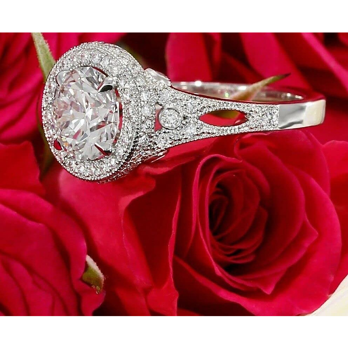 BeBold 2.5ct Round Cut Simulated Diamond CZ Halo Milgrain Engagement Ring for Women White Gold Plated Stylish