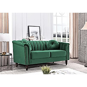 Container Direct 61'' Mid-Century Modern Velvet Loveseat, Chesterfield Inspired Luxury 2 Seater Couch for Living Room with Removable Cushions and Turned Wood Legs, Green