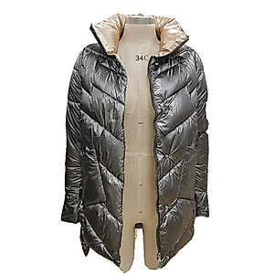 Janepam Women Heavy Coat Winter Anorak Cotton Fill Roll-Up Sleeve Pocket Puffer Padded Quilted Glossy Warm Jacket Zipper Overcoat(A Silver Grey,M)