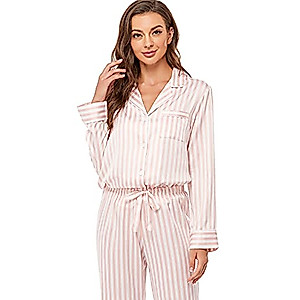 Serenedelicacy Women's Satin Pajama Set Long Sleeve Button Down Sleepwear 2-Piece Striped Silky Pj Set (Medium, Blush/Ivory, Stripe)