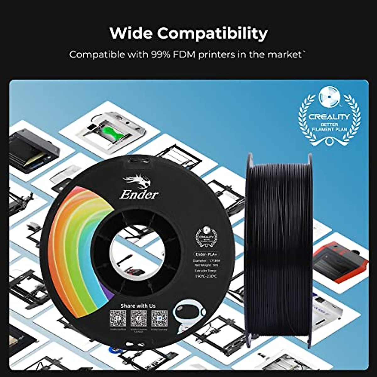 Official Creality Upgrade Ender 3D Printer Filament, Black PLA+ Filament 1.75mm, 1kg Spool (2.2lbs), Accuracy +/- 0.02mm, 3D Printing Filament, Strong Toughness, Vacuum Packaging, Environment Friendly