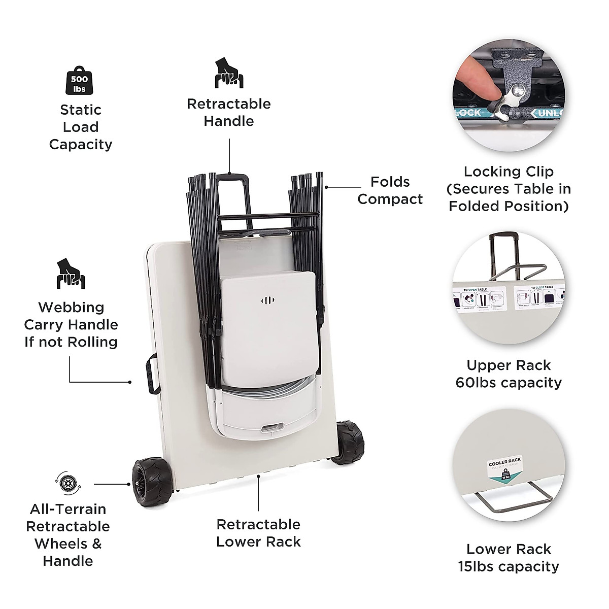 Creative Outdoor Folding Table and Chairs, 6 Ft, Built-in Wheels, Portable Durable Plastic, Indoor/Outdoor Events, Perfect for Camping/Picnic/Tailgating/Party (White Table and 4 Chair Set)