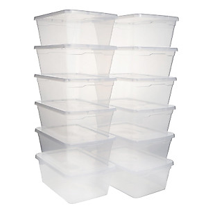 Prodeplast 6.4 Qt (1.6 Gal) Plastic Storage Container Bins with Secure Lid | Durable and Nestable Organizing Totes | Clear Color | 12 Pack