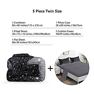 ROWADALO 5 Pieces Black Grey Glitter Sparkles Comforter Set Twin Size,Galaxy Starry Sky Bedding Sets 5 Pcs Bed in A Bag for Kids Teen Girls Ultra Soft All-Season Ombre Bedding Set,DJTGB5001Twin