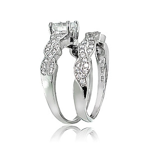 Hoops & Loops 925 Sterling Silver Cubic Zirconia Round-cut Twisted Wedding & Engagement Bridal CZ Wedding Ring 2Pcs Set for Women Teen Girls, Size 6
