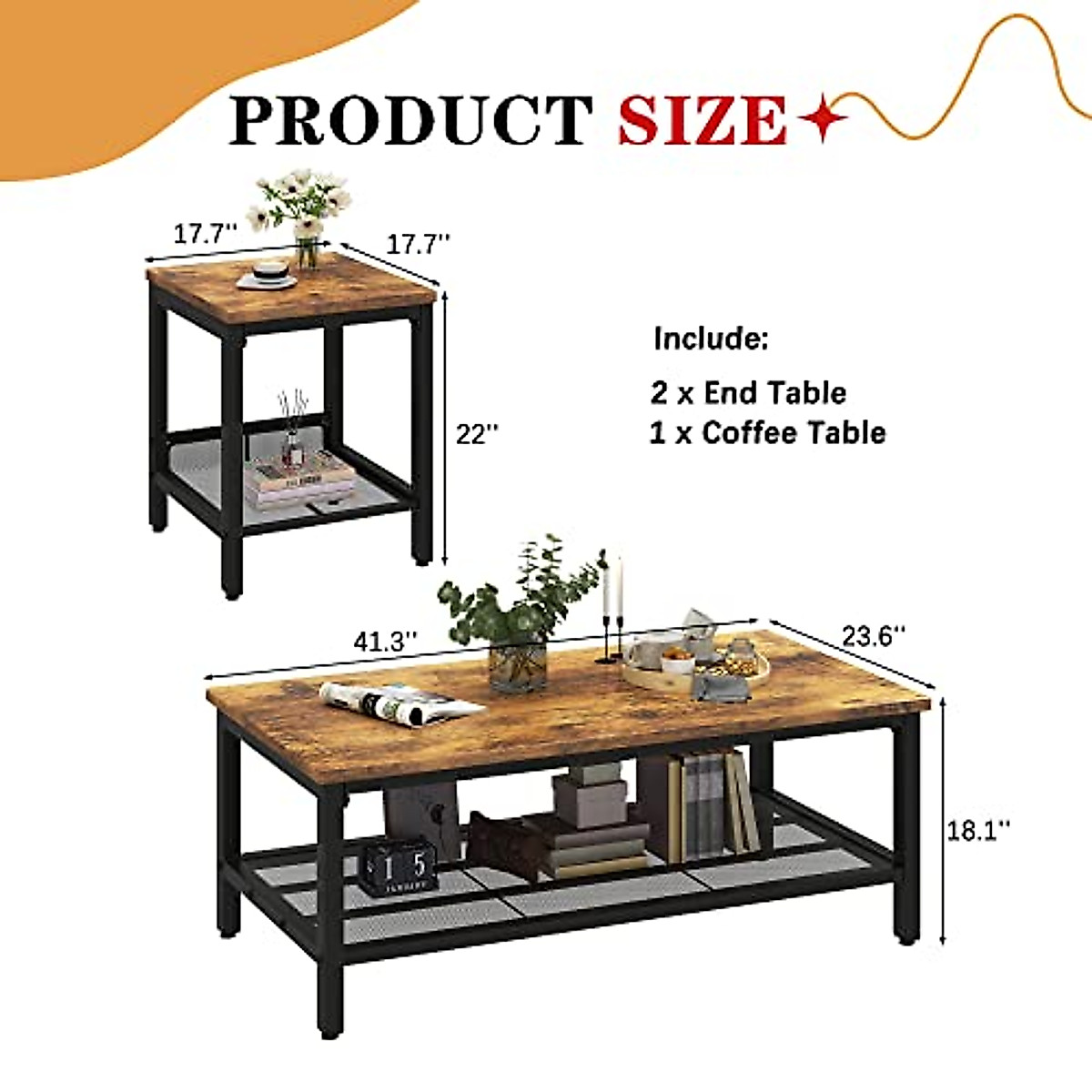 Lamerge 3 Pieces Living Room Table Set, Industrial Coffee Table with 2 Square End Side Tables, Coffee Table Set with Metal Frame for Apartment Home Office, Rustic Brown