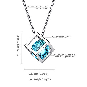 Aurora Tears Birthstone March Necklaces Women 925 Sterling Silver Crystal 3D Cube Mar. Birth Stone Pendant Cubic Zirconia Birthday Pendant Charm Dating Gift Jewelry DP0028M