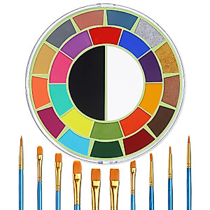 BOBISUKA Face Body Paint Kit - 25 Colors Water Activated Painting Makeup Palette + 10 Blue Artist Paint Brushes Set Large Black & White Ideal for Halloween, SFX, Theater, Cosplay, Parties and Costume