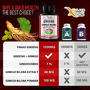 Korean Red Panax Ginseng 1200mg + Ginkgo Biloba - Extra Strength Root Extract Powder Supplement w/High Ginsenosides Vegan Capsules for Energy, Performance & Focus - Supplement for Men & Women