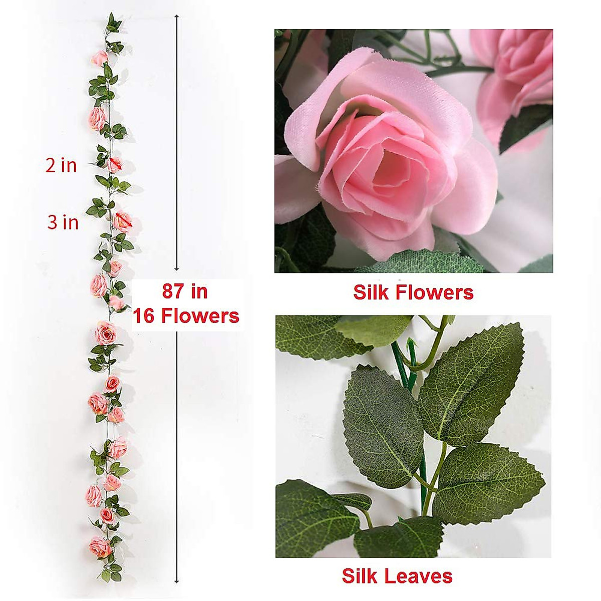 FAMI 4PCS(28.8 FT,16 Flowers) Artificial Rose Vine Garland Silk Flower Hanging Baskets Plants for Indoor Outdoor Home Wedding Arch Garden Wall Decor-Pink