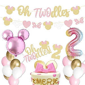 Oh Twodles Pink Mouse Twodles Birthday Party Supplies Decorations Mouse Banner Cake Topper 2nd Banner Balloon Pink Mouse Backdrop Cupcake Topper for Girls Baby Bday
