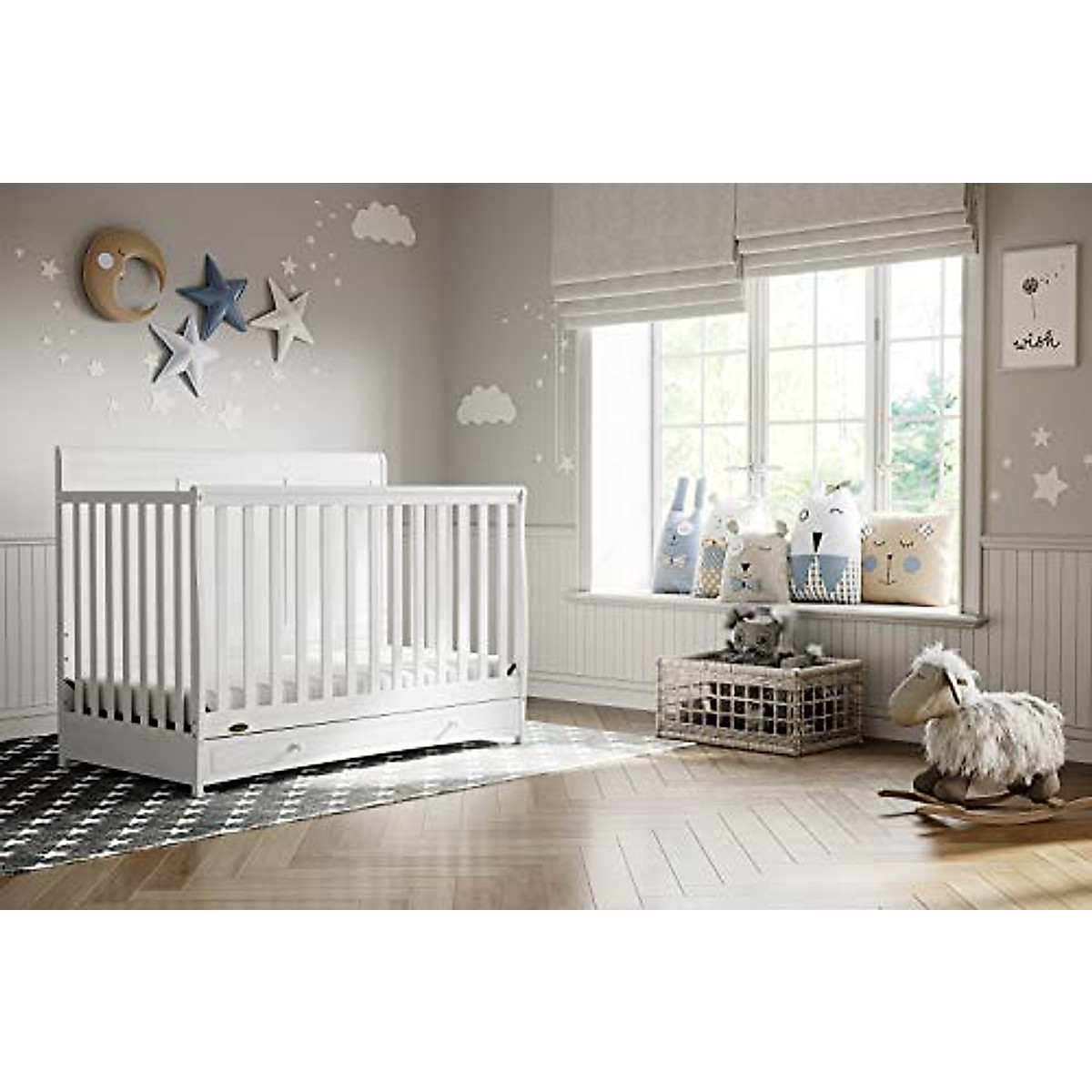 Graco Asheville 4-in-1 Convertible Crib with Drawer (White) – GREENGUARD Gold Certified, Crib with Drawer Combo, Full-Size Nursery Storage Drawer, Converts to Toddler Bed, Daybed and Full-Size Bed