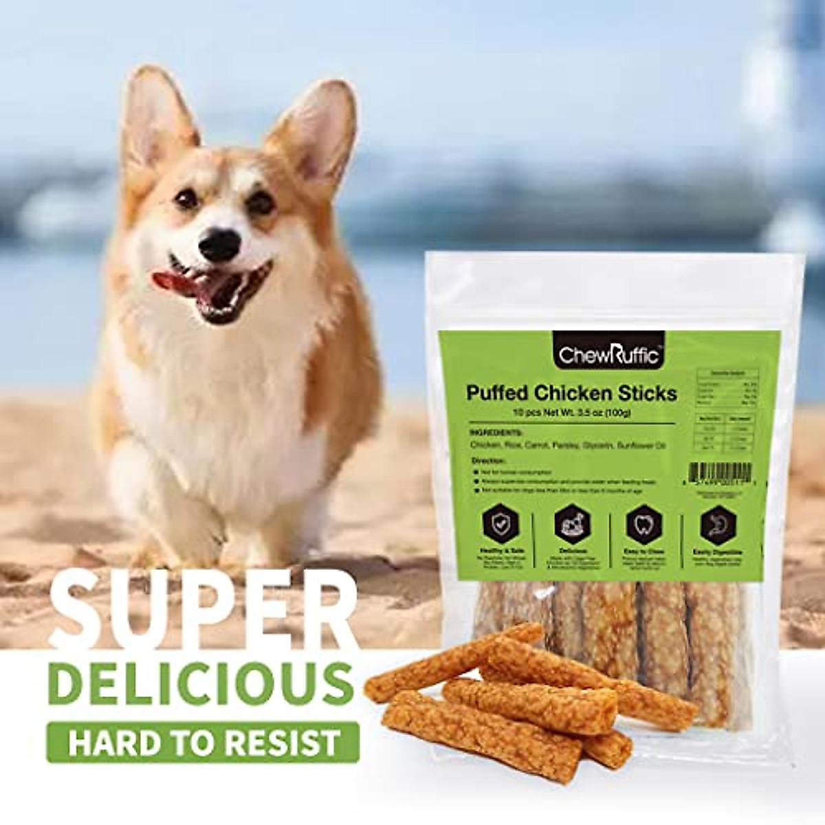ChewRuffic Chicken Dog Chew Sticks, Puffed Human Grade Dog Treat Sticks, Rawhide Alternative, Easy to Digest 10pcs/Pack