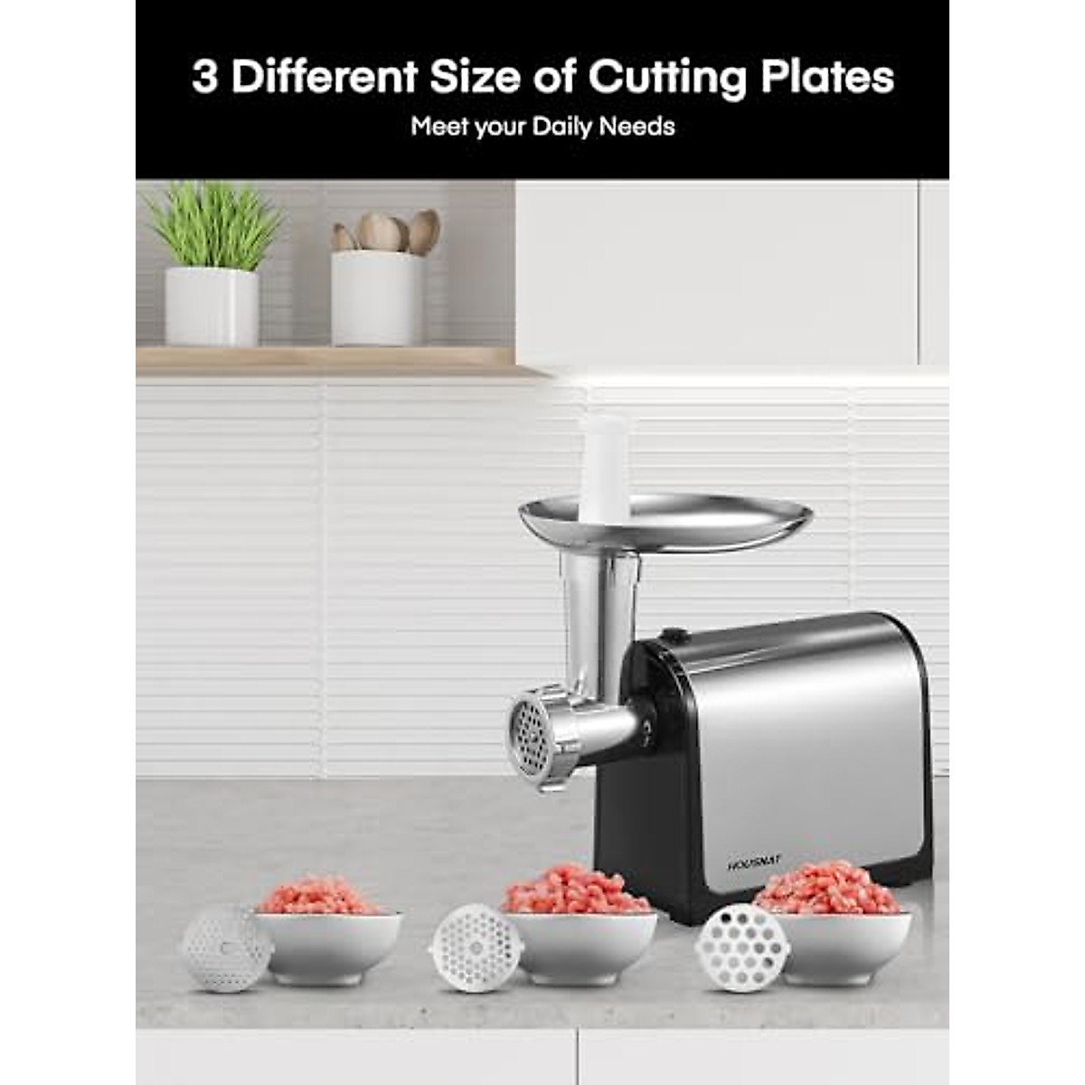 Electric Meat Grinder, 2600W Max Meat Grinders for Home Use, HOUSNAT 3 in 1 Heavy Duty Meat Mincer with 2 Blades and 3 Plates, Sausage Stuffer Tube & Kubbe Kit, Stainless Steel