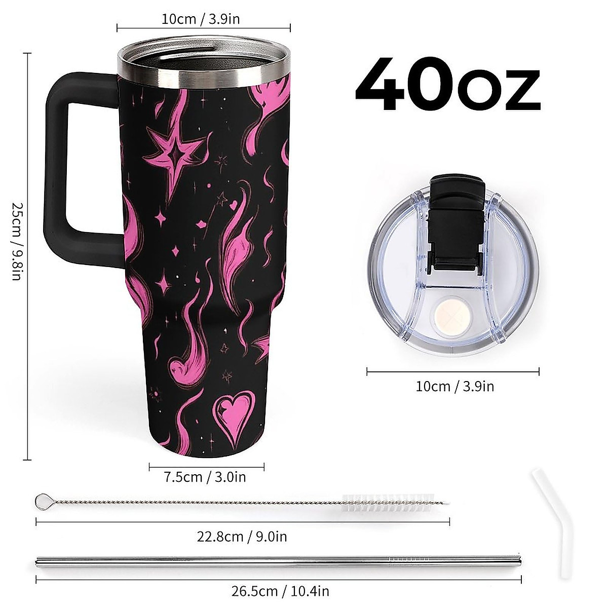 Y2K Flames Hearts Stars 40oz Water Bottle Double Wall Insulated Tumbler with Handle Leakproof Travel Mug Black-style