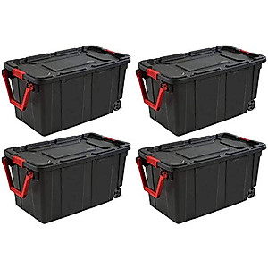 STERILITE 14699002 40 Gallon/151 Liter Wheeled Industrial Tote, Black Lid & Base w/Racer Red Handle & Latches, 4 Pack