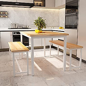 AWQM Dining Table Set for 4, Kitchen Table Set with 2 Benches, 47.2Inch 3-Piece Dining Room Table Set with Metal Frame and MDF Board, Sturdy Structure, Space-Saving, Oak
