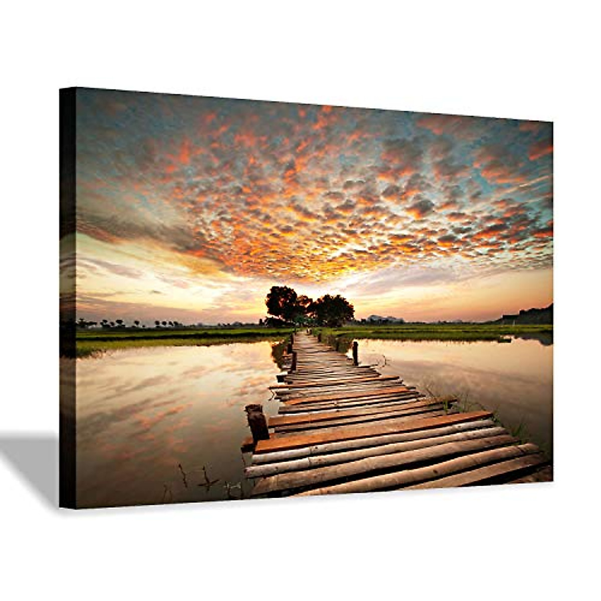 Hardy Gallery Lake Bridge Canvas Picture Artwork: Wooden Bridge Painting Sunset Landscape Wall Art Print for Living Room (45” x 30” x 1 Panel)