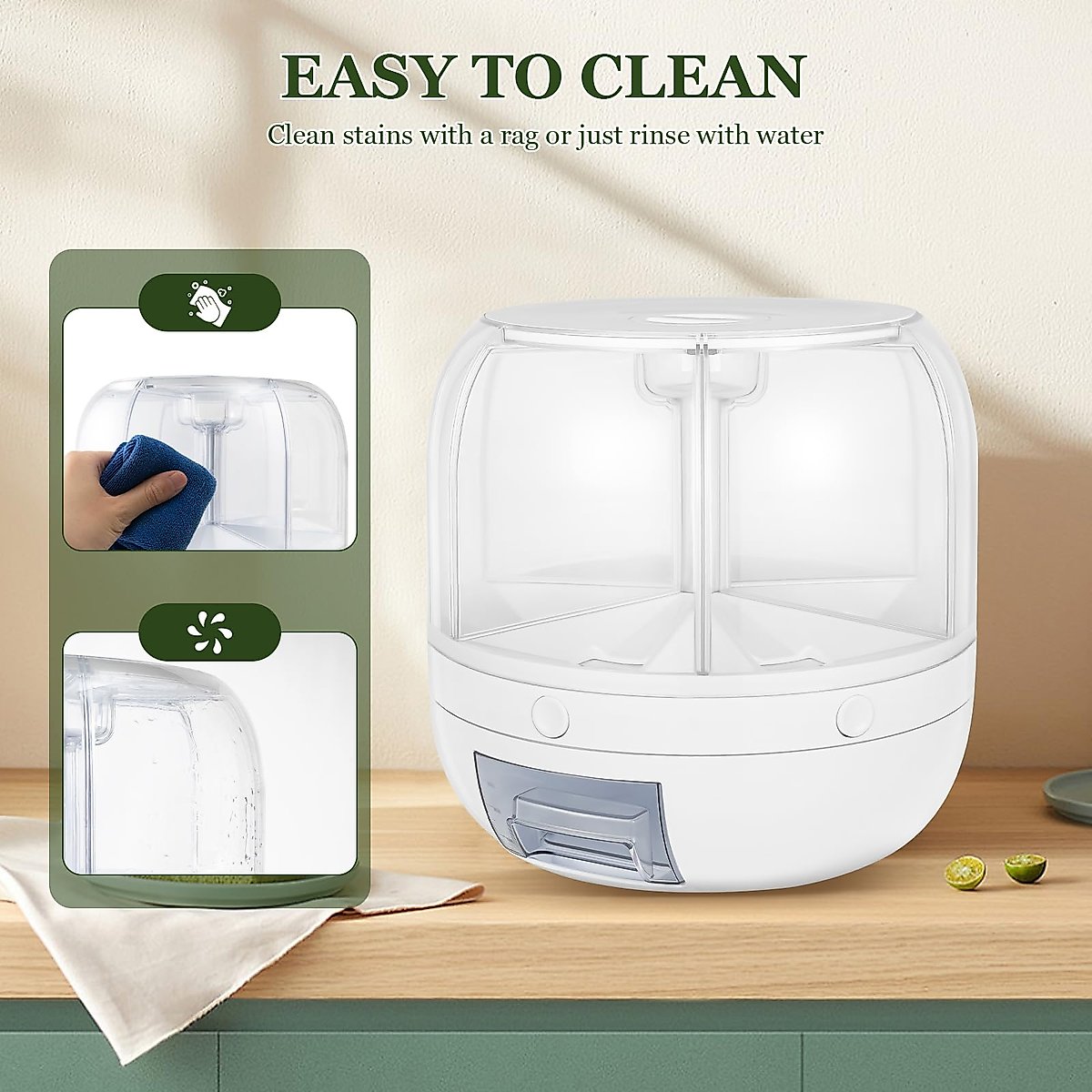 InnaMall Grains Storage Dispenser, 6 Grids Beans Container Storage with Sealed lid 13LBS Grain Container Distribution Bucket 360° Rotating Round Food Dispenser One-Click Output Rice Storage