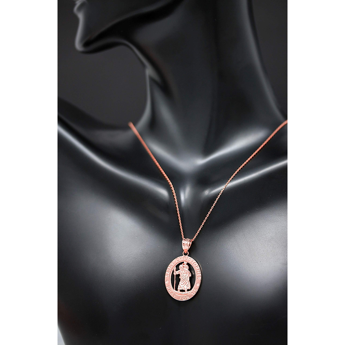 CaliRoseJewelry 14k Saint Christopher Pray for Us Oval Charm Pendant Necklace in Rose Gold, 18"