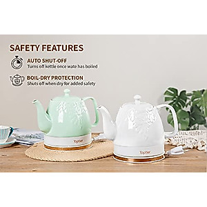 Toptier Electric Ceramic Tea Kettle, Boil Water Quickly and Easily, Detachable Swivel Base & Boil Dry Protection, Carefree Auto Shut Off, 1 L, White Leaf