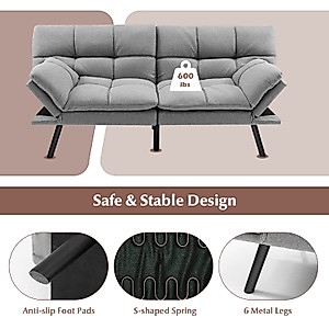 GOFLAME Convertible Sofa Bed, Memory Foam Futon Sofa Bed with Adjustable Backrest & Armrests, 6 Metal Legs, Upholstered Folding Couch Sleeper for Small Apartment, Living Room, Bedroom, Office (Grey)