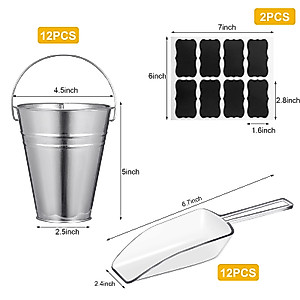 12 Pcs Galvanized Bucket with 12 Pcs Clear Plastic Ice Scoop 20.3 oz Metal Beer Bucket with Handle Metal Pail Mini Toy Container 16 Pcs Blackboard Sticker for Candy Popcorn Snacks Party Supplies
