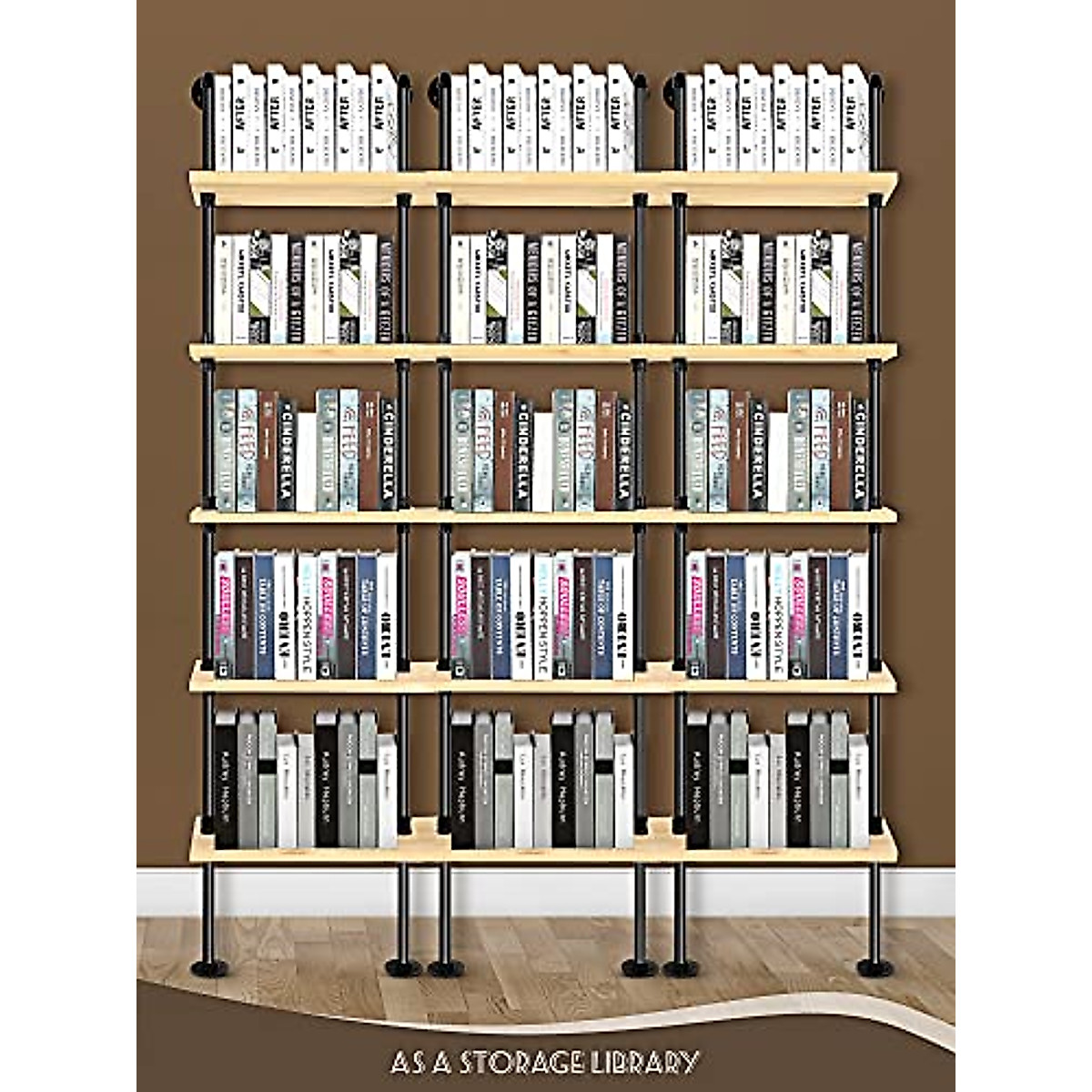 5 Tier Modern Bookcase Wall Mount Ladder Bookshelf Include Wood Planks Industrial Pipe Shelf Book Display Rack Metal Pipes and Wood Shelves Stand Black Corner Frame Bookcase (Natural Wood Board)