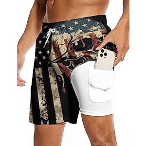 Partrest American Flag Skull Men's Swim Trunks with Compression Liner - 7 Inch American Flag Board Shorts for Beach