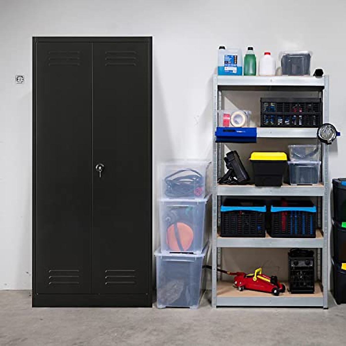 CJF Metal Storage Cabinet, Locked Steel File Cabinet with 4 Adjustable Shelves & Locking System, Tall Metal Garage Cabinet for Office, Home, 70.86" H×31.5" W×15.75" D（Black）