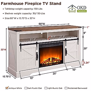 OKD Fireplace TV Stand for 65+ Inch TV, 33" Tall Highboy Farmhouse Entertainment Center w/ 23'' Electric Fireplace, Rustic Media Console w/Sliding Barn Door for Living Room, Antique White