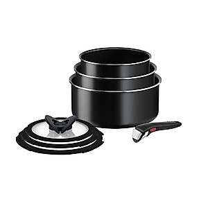 Tefal Ingenio Easy ON 7 piece Non-Stick Saucepan Set, 16&18&20 cm Saucepans, 16&18&20 cm Glass Lids, Bakelite Removable Handle, Easy Cleaning, Heat Indicator, Black, L1599602