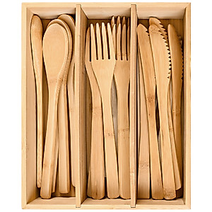 Bamboo Cutlery Reusable with Silverware Organizer, 16Pcs Bamboo Flatware Set with Bamboo Forks Spoons Knives, Reusable Bamboo Cutlery with Portable Storage Case for Home and Travel Camping Hiking