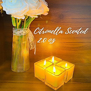 12 Pack Yellow Small Square Glass Citronella Candles, Strong Lemongrass Scented Votive Candles, for Outdoor Dinner Party, Patio, Glamping Essentials, Outside