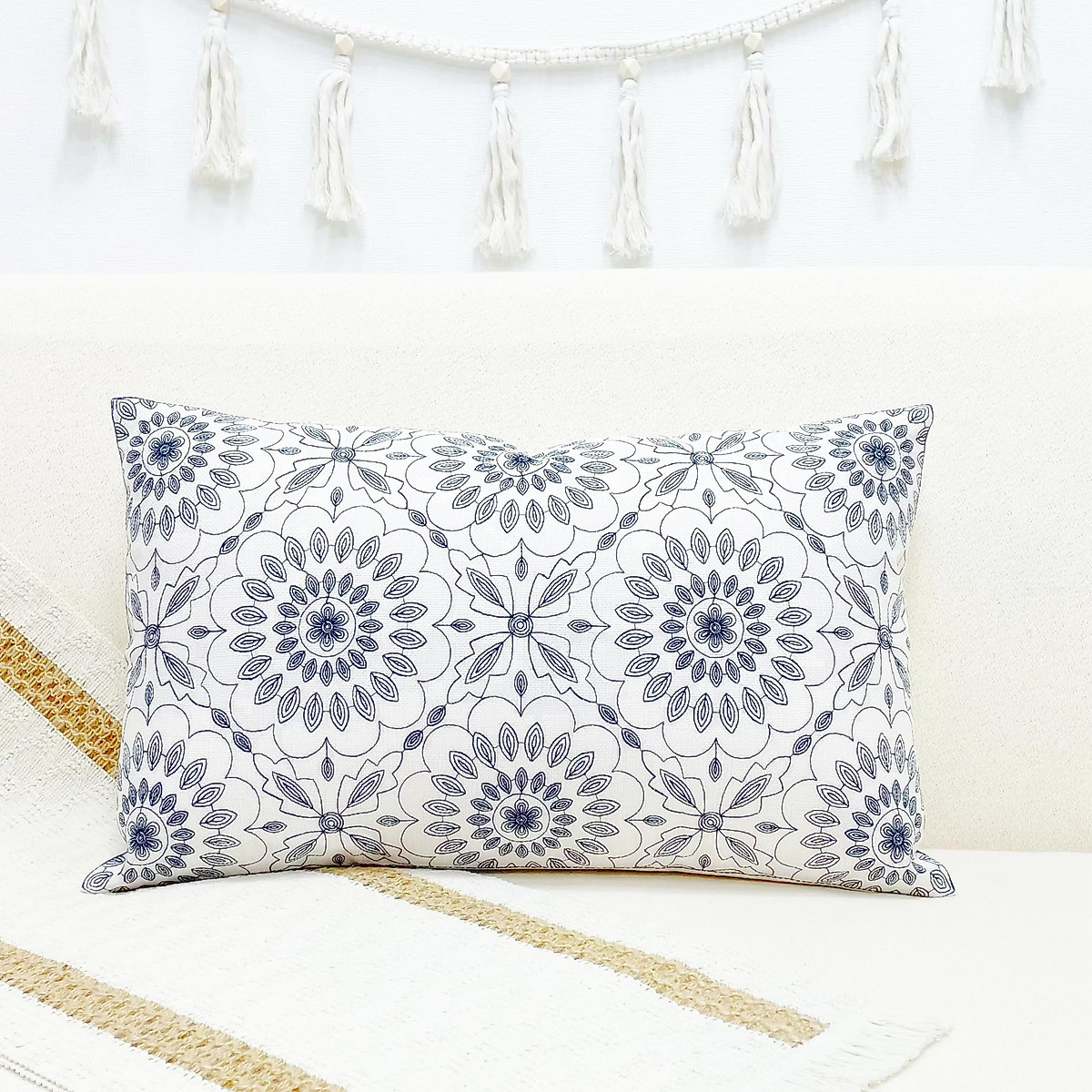 Slow Cow Linen Embroidery Decorative Lumbar Throw Pillow Cover Pillowcase Rectangular Pillow Cover Cushion Cover for Bed Couch Sofa 12 x 20 Inches Navy Blue