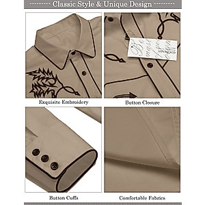 COOFANDY Mens Western Cowboy Shirt Embroidered Denim Long Sleeve Casual Button Down Shirt (Large, Khaki)