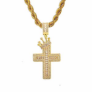 Shop-iGold Baguette King Cross Men Women 925 Italy Gold Finish Iced Silver Charm Ice Out Pendant Stainless Steel Real 2 mm Rope Chain Necklace, Cross Necklace, Cross Chain (20" Chain and Pendant Set)