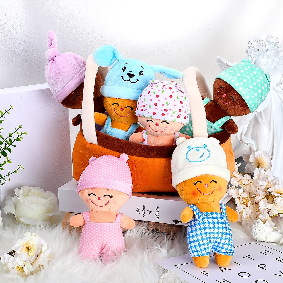Skylety 6 Pieces 7 Inches Basket of Babies Soft Baby Doll Multicultural Dolls Sensory Plush Diversity Baby Dolls Stuffed Plush Figures for All Ages