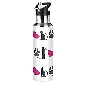 Yasala Water Bottle Black Cat Pink Heart Cute Coffee Thermos Stainless Steel Insulated Beverage Container 20 oz with Straw Lid BPA-Free for Sport, Travel, Camping, Back to School