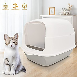 BNOSDM Cat Litter Box with Lid Plastic Cat Litter Boxes Enclosed Anti-Splshing Standard Kitten Toilet with Door and Pedal for Indoor Kitty(Grey Band Spoon)