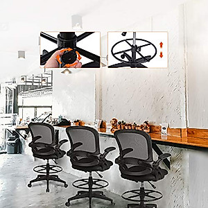 COMHOMA Drafting Chair Tall Office Chair with Flip-up Armrests for Computer Standing Desk Adjustable Foot Ring Ergonomic Mesh Back Table Chair Black