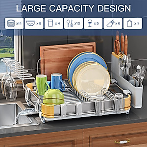 Dish Drying Rack, Aluminium Dish Racks for Kitchen Counter with Cup Rack, Large Dish Drainers with Drainboard, Anti-Rust Kitchen Dish Rack Dryer Shelf for Plate with Utensil, Cutting Board Holder