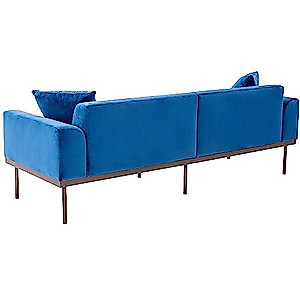 Winwee 3-Seater Sofa Couch with Metal Legs, Velvet Accent Sofa with Comfortable Seat Cushion, Modern Love-seat Sofa Couch with Two Pillows for Living Room and Bedroom (Blue)