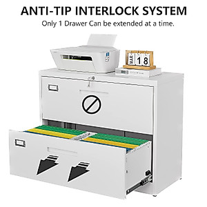 LISSIMO Lateral File Cabinet with 2 Drawer, Locking Filing Cabinet for Home Office,Metal Storage Cabinet for Letter/Legal Size with Anti-tilt Mechanism (White)