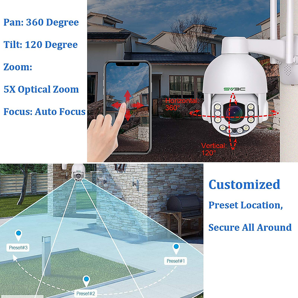 SV3C 5MP PTZ IP Camera Outdoor, Dual Band 2.4G 5GHZ WiFi Cameras, Auto Tracking 5X Optical Zoom Onvif Security Camera with Humanoid Detect, RTSP, Metal Case Waterproof, Two-Way Audio, SD Card Record